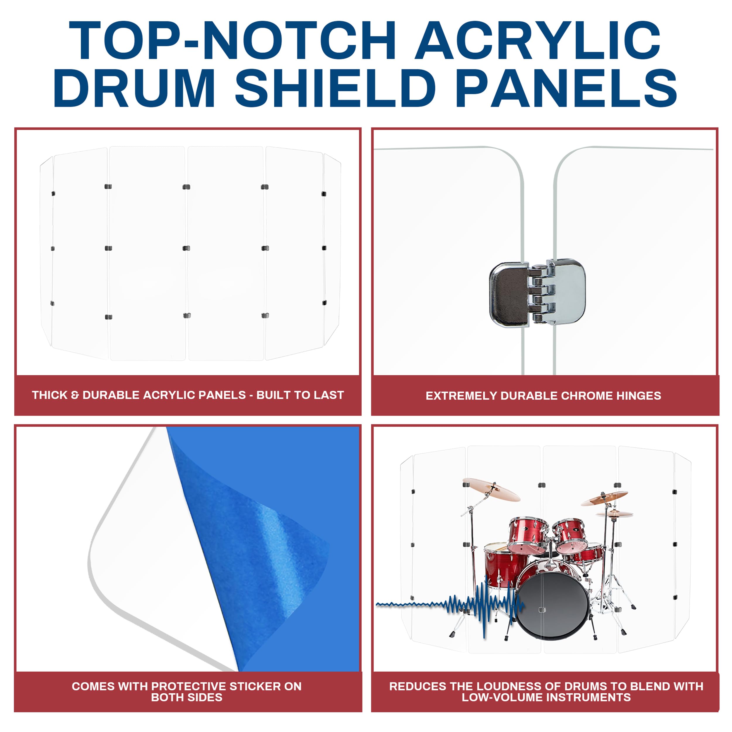 PENNZONI Drum Shield 6ft w/Chrome Hinges, Comes w/ 6 Drum Panels, & Chrome Hinges, Premium Clear Acrylic Panels, Drum Screen
