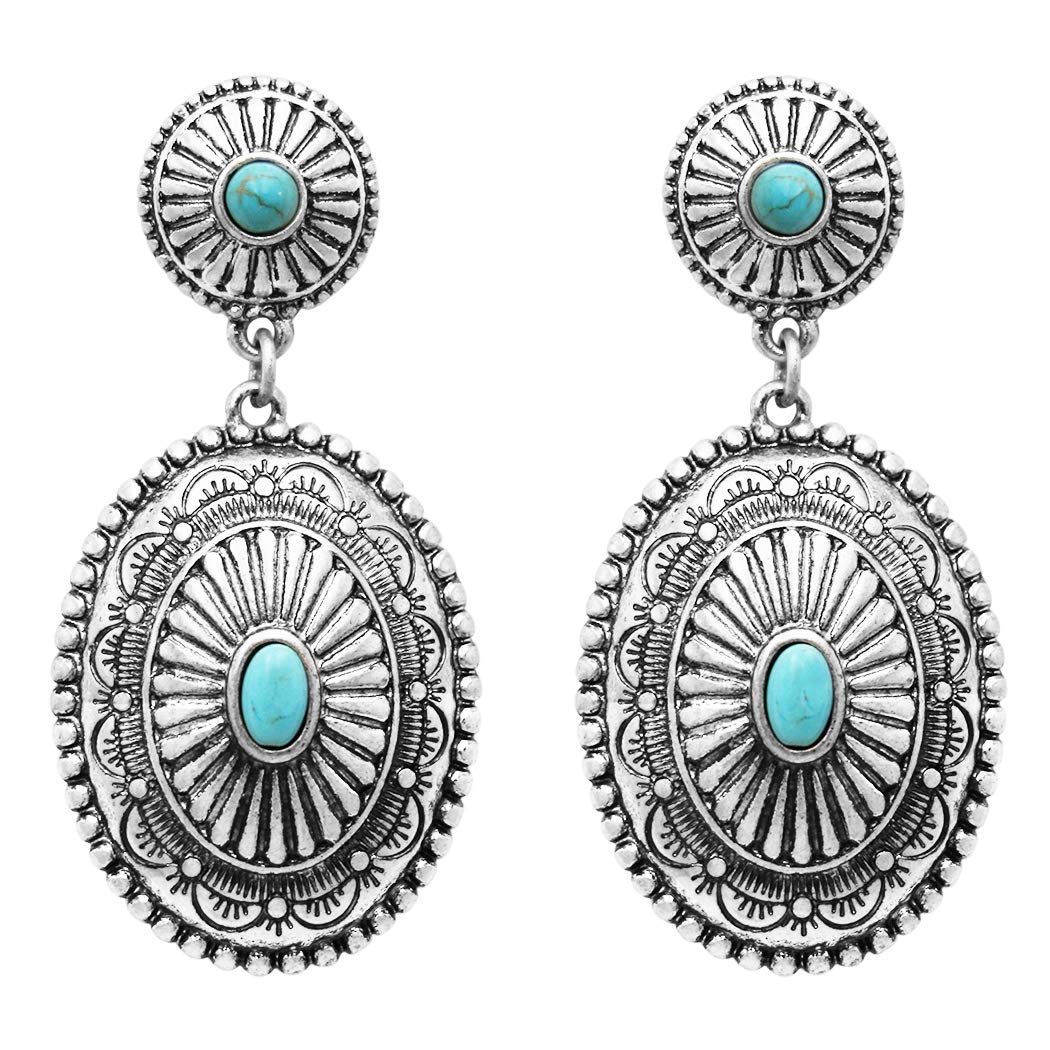 Rosemarie Collections Women's Southwestern Concho Style Turquoise Howlite Stone Drop Statement Post Earrings, 2" (Oval Dangle Concho)