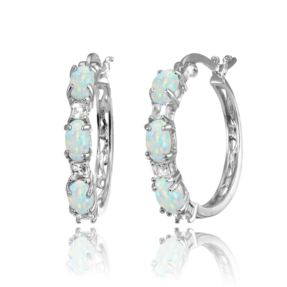 Opal Earrings for Women Sterling Silver Hoops Princess-cut White Topaz & Oval Synthetic White Hoop Earring for Bridesmaids Fashion Trendy