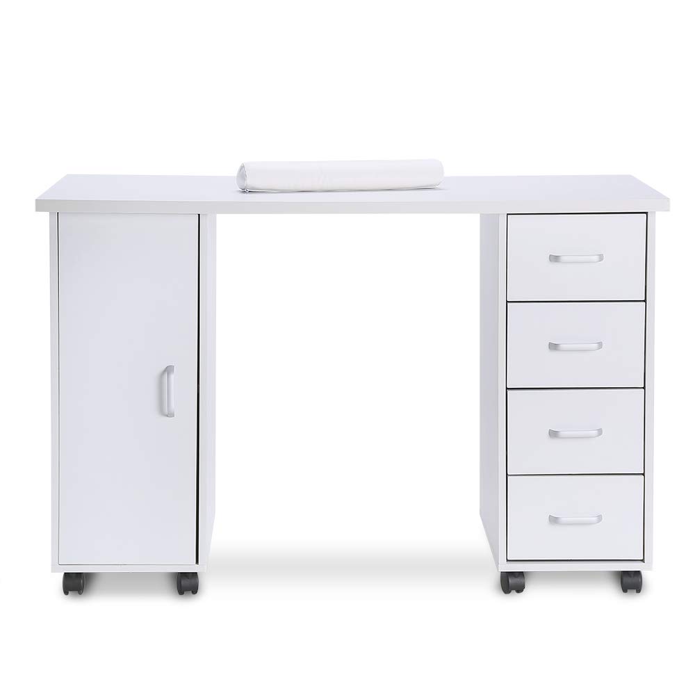 Paddie Nail Table, Manicure Table Nail Desk Station Professional Portable with Wheels for Technician Beauty Salon Art Spa Office, Double Side, White
