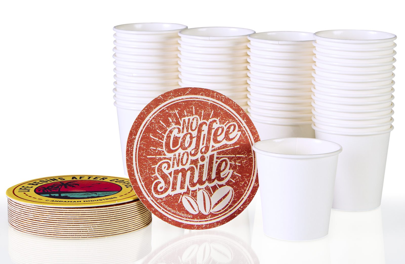 PERFECT 4 oz Paper Espresso Cups (50 ct) Bundled with Andaman Coaster β Mini Hot Disposable Cup for Coffee, Tea, Nespresso, Water, Shots, Wheat Grass, Sampling and also Cold Drinks