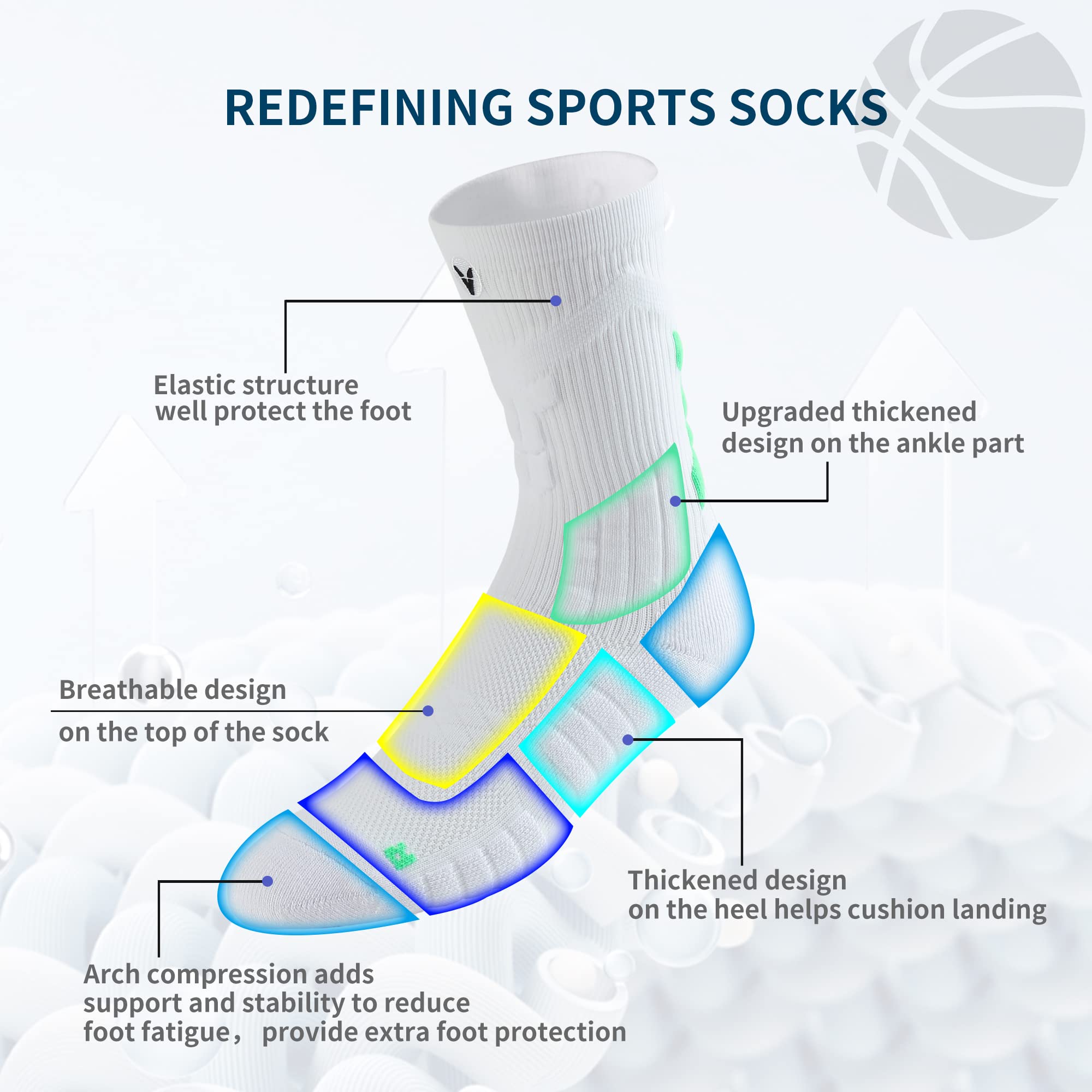 Veadoorn 3pairs Basketball Socks Cushioned Athletic Sports Crew Socks Thick Compression Performance Training Socks for Men & Women