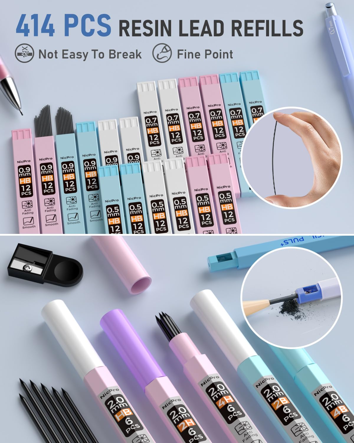 Nicpro 45PCS Aesthetic School Supplies with Big Capacity Pen Case, Pastel Mechanical Pencils 0.5, 0.7, 0.9, 2mm with 24 Tube Lead Refills(4B 2B HB 2H 4H COLORS) Erasers For Student Writing Drawing