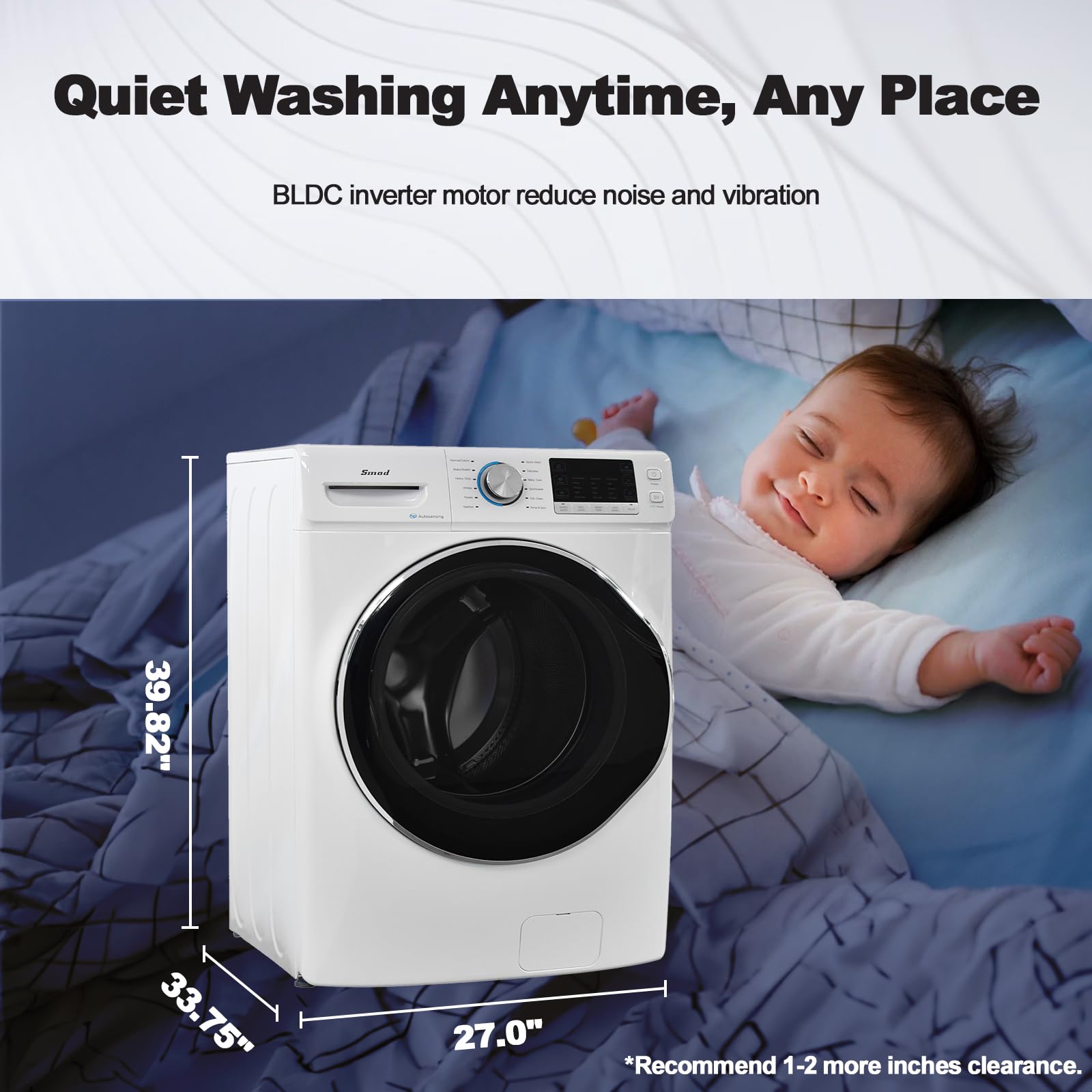 Smad 27 in. 4.5 Cu. Ft. Front Load Washing Machine with Quiet Inverter Motor, Steam and Water Plus Functions, Quick Wash, 12 Washing Cycles, 120V, White