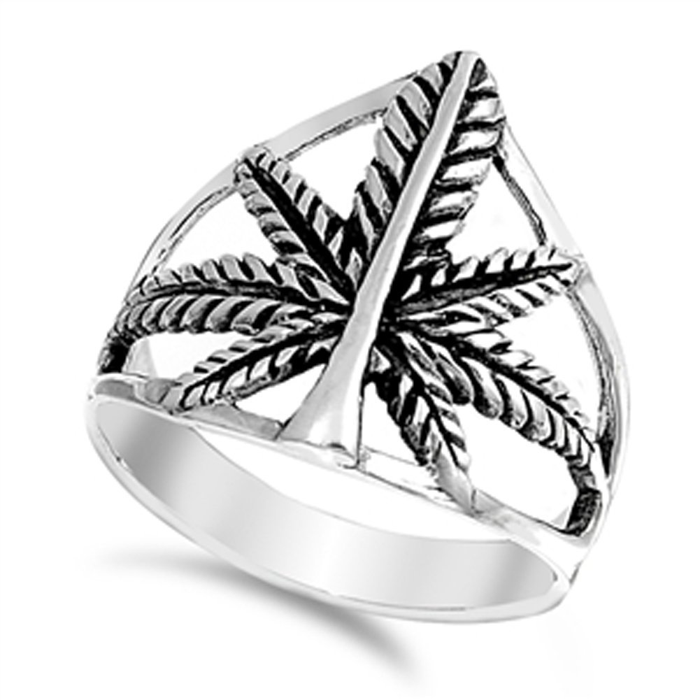 Oxidized Marijuana Pot Weed Leaf Ring New .925 Sterling Silver Band Size 11