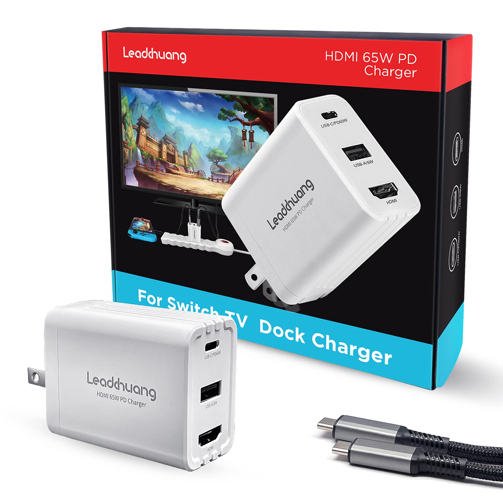 USB C Charger Block 60W - USB C Wall Charger PD USB 3.0 Port 65W TV Docking Station for Nintendo Switch, Portable Dock Station Compatible with Nintendo Switch 4K HDMI, TV Dock for Switch