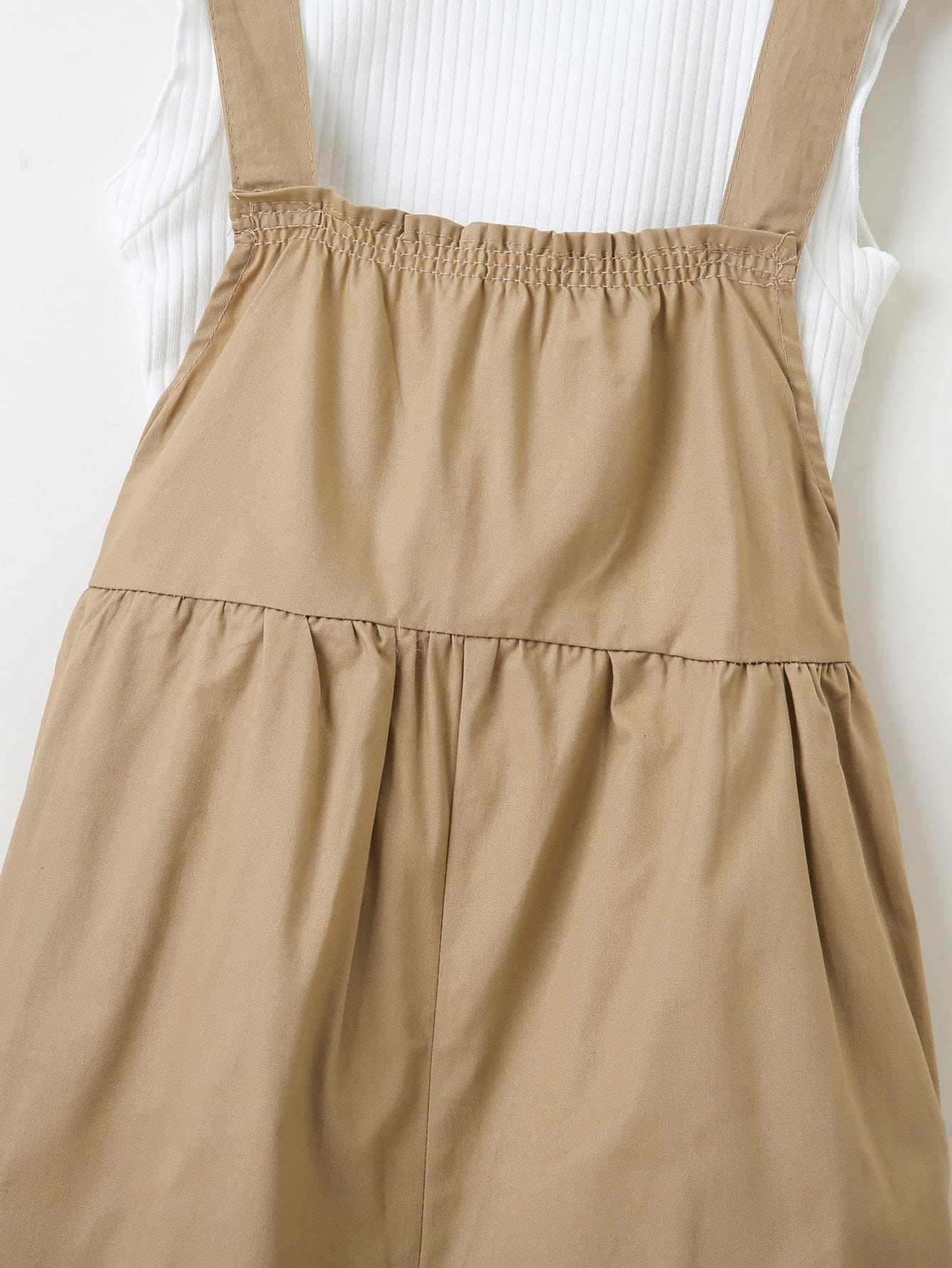OYOANGLE Girl's Summer Casual 2 Pieces Pants Set Ribbed Tank Top and Overall Jumpsuit Set Khaki and White 150