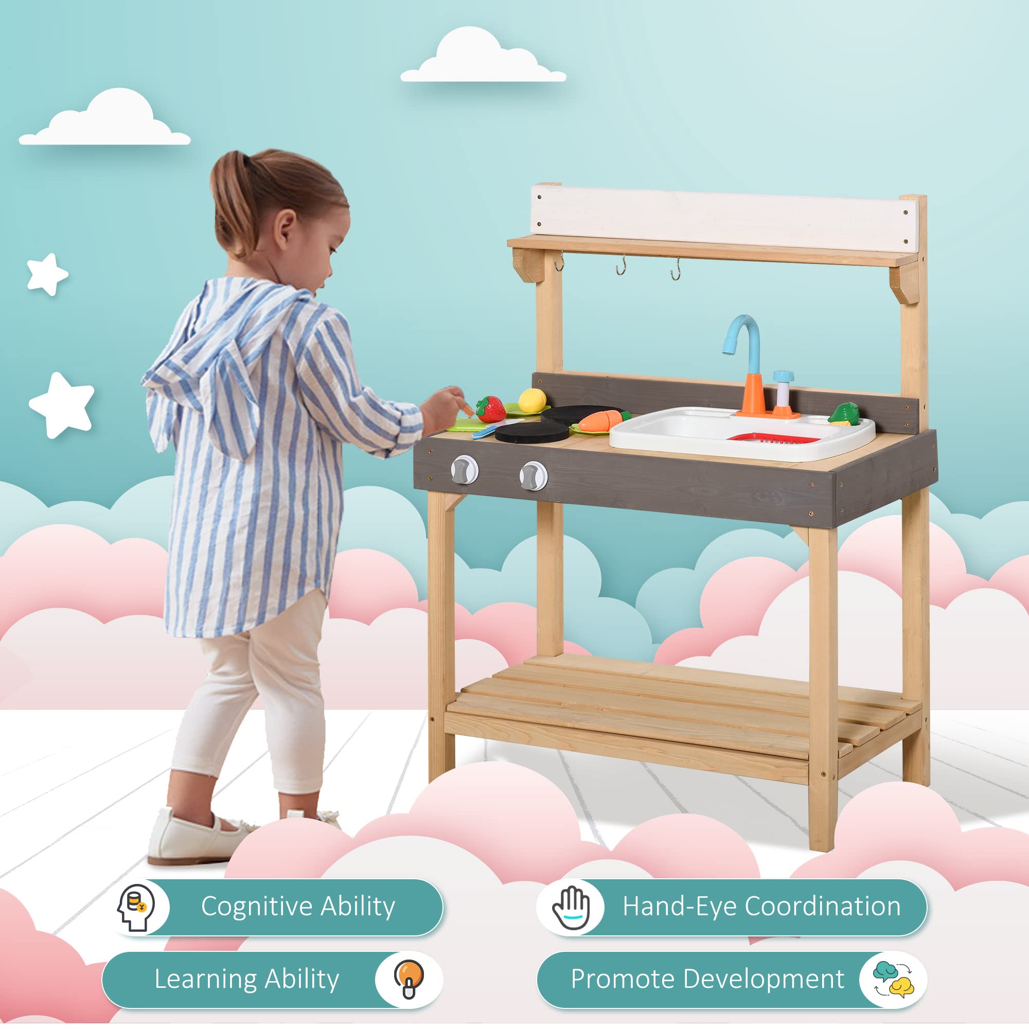 Outsunny Kids Kitchen, Playset Game with Sink, Running Water, Vegetable, Dish for 3-7 Years Old