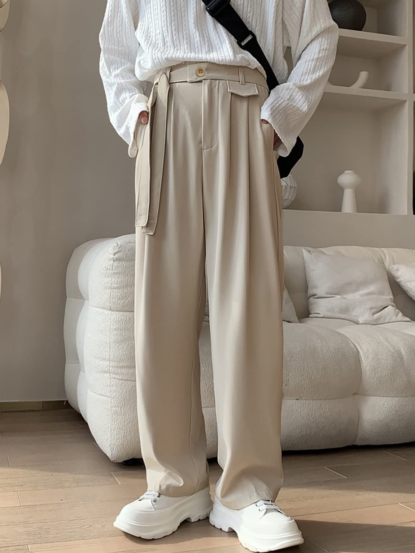 OYOANGLE Men's Fold Pleated Straight Wide Leg Suit Pants Business Casual Pants with Pocket Khaki Large