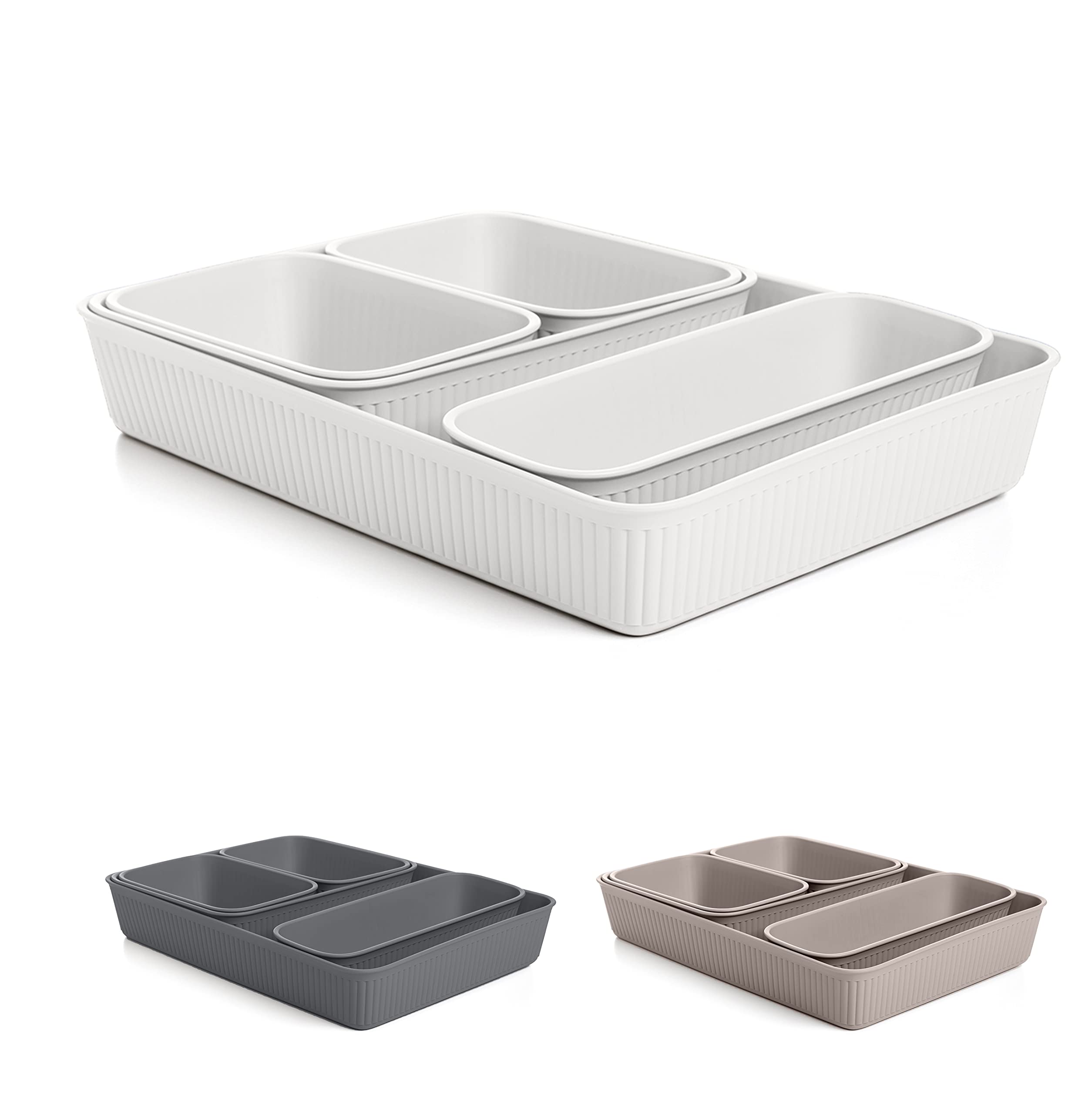 Superio Ribbed Collection - Decorative Plastic Desk Drawer Organizer Tray, White (Set of 5) Open Home Storage Bins Organizer Baskets, for Organizing Closet Shelves Drawer Shelf
