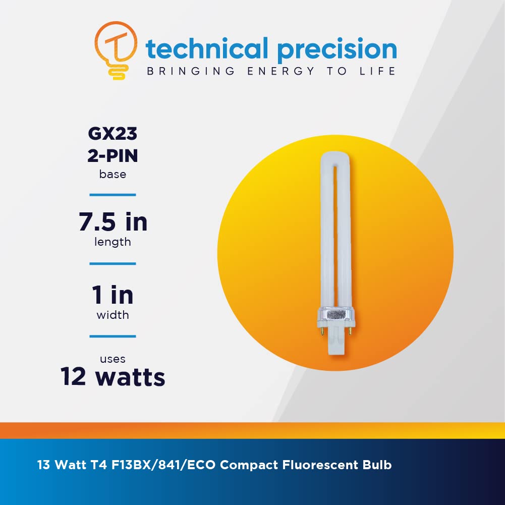 Replacement for General Electric G.E F13BX/841/ECO Light Bulb by Technical Precision - 13W Compact Fluorescent Bulb with 2-Pin GX23 Base - T4 4100k CFL - 2 Pack