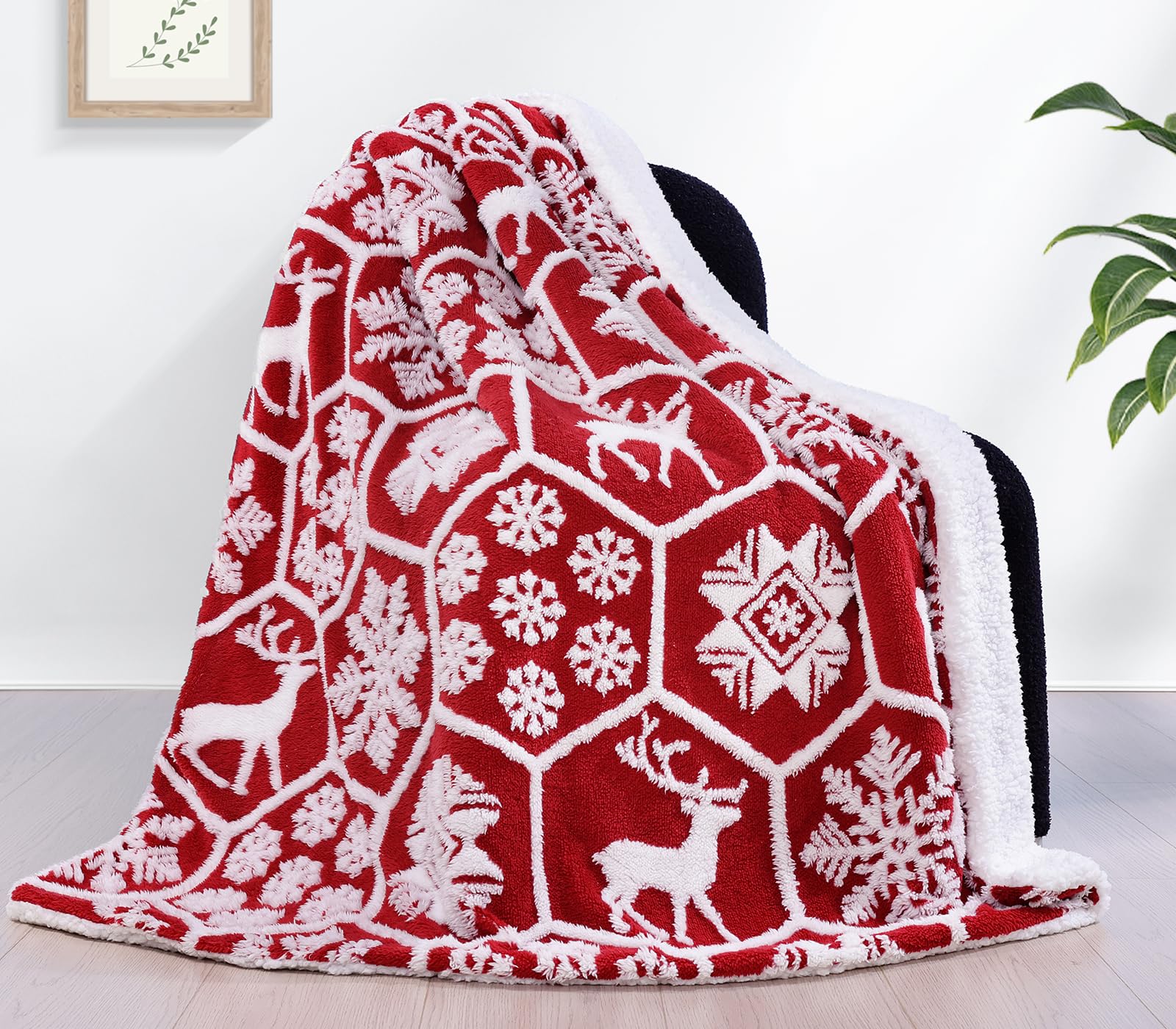 PanxHome Sherpa Blanket, Warm Thick Blanket for Winter, Reversible Soft Snowflake Blanket, Cozy Christmas Throw Blanket for Couch, Sofa, Bed, 50"x60", 520GSM