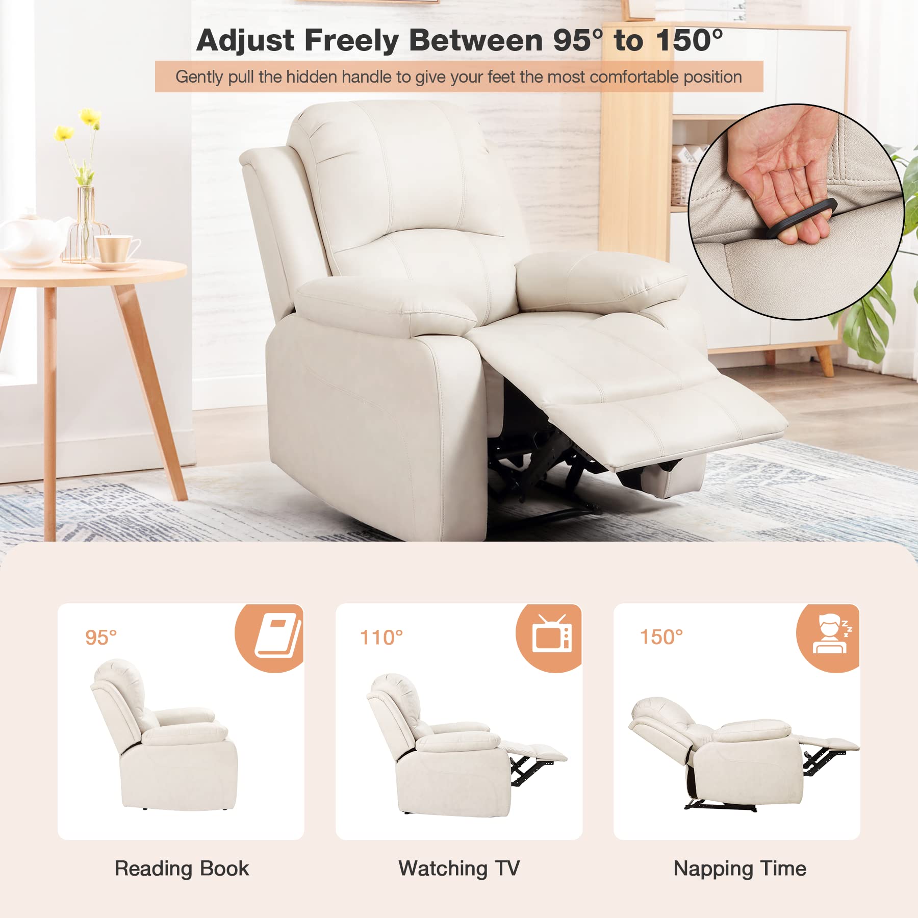 RYNSTO Recliner Chair Technological Fabric Living Room Chair with Footrest Single Sofa for Elderly