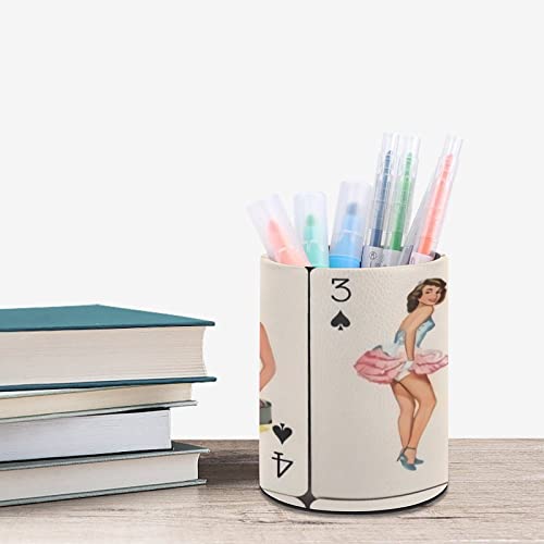 Poker Pinup Girls Pen Holder PU Leather Pencil Cup Cute Desk Organizer Makeup Brush Box for Home Office