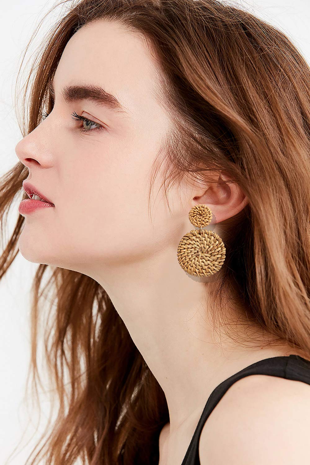 Rattan Earrings for Women Handmade Lightweight Wicker Straw Stud Earrings Statement Weaving Braid Drop Dangle Earring (Dark Rattan Disk)