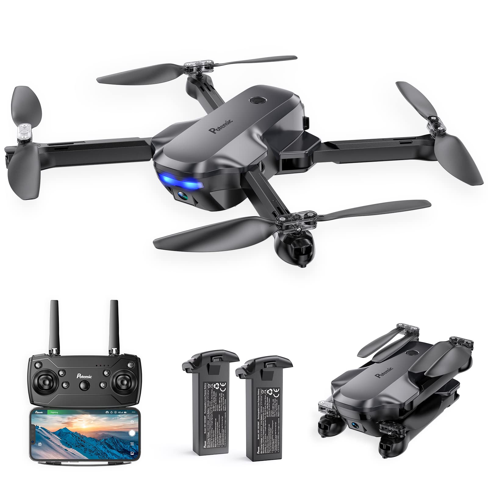 Potensic P4 Foldable Drone with Camera for Adults Beginners, FPV 1080P HD WiFi Remote Control Quadcopter with 40 Mins 2 Batteries, Altitude Hold, Gravity Control, Trajectory Flight, Headless Mode