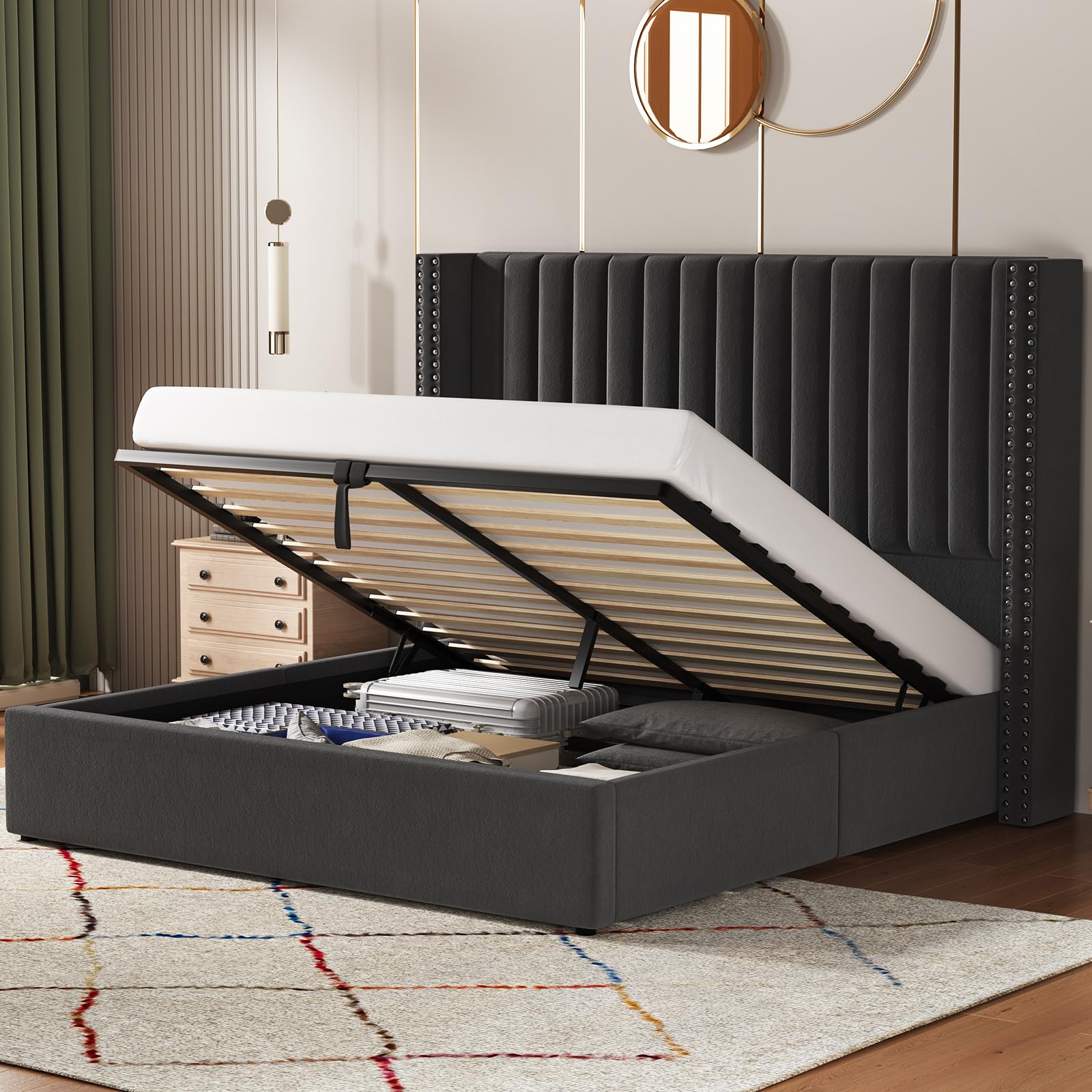 PaPaJet Queen Size Velet Upholstered Bed Frame Lift Up Storage Bed, Morden Wingback Bed Frame Platform with Storage Underneath/No Box Spring Needed/Easy Assembly/Grey