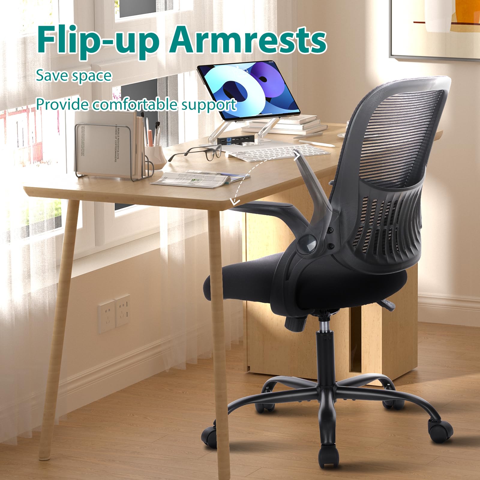Office Chair, Ergonomic Desk Chair, Mid Back Mesh Computer Chair, Height Adjustable Rolling Swivel Task Chair with Flip-up Armrests and Lumbar Support