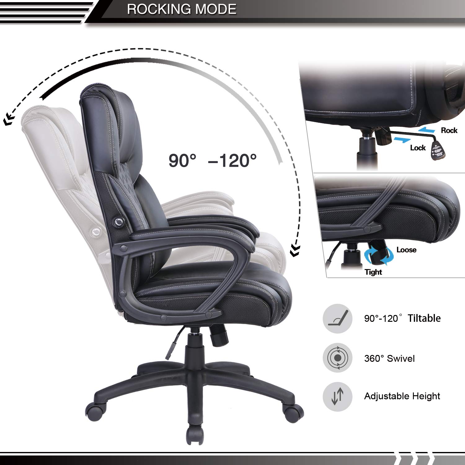 Ptoulemy Big and Tall Office Chair 300lbs Heavy Duty Computer Ergonomic Desk Chair 360 Swivel Task Chair Executive Leather Office Chair with Adjustable Lumbar Support (Black)
