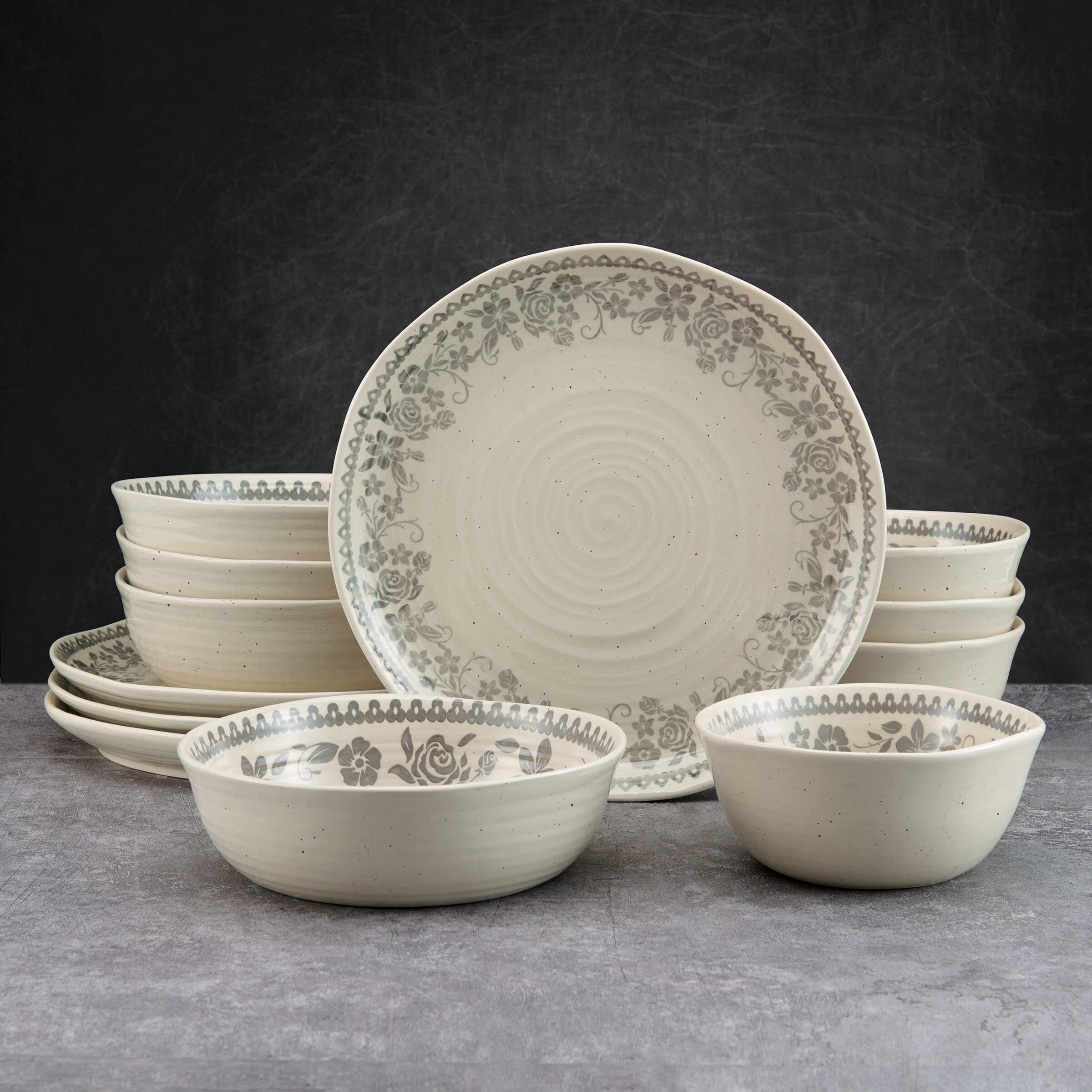Pfaltzgraff Hayden Floral 12 Piece Dinnerware Set, Service for 4, Grey