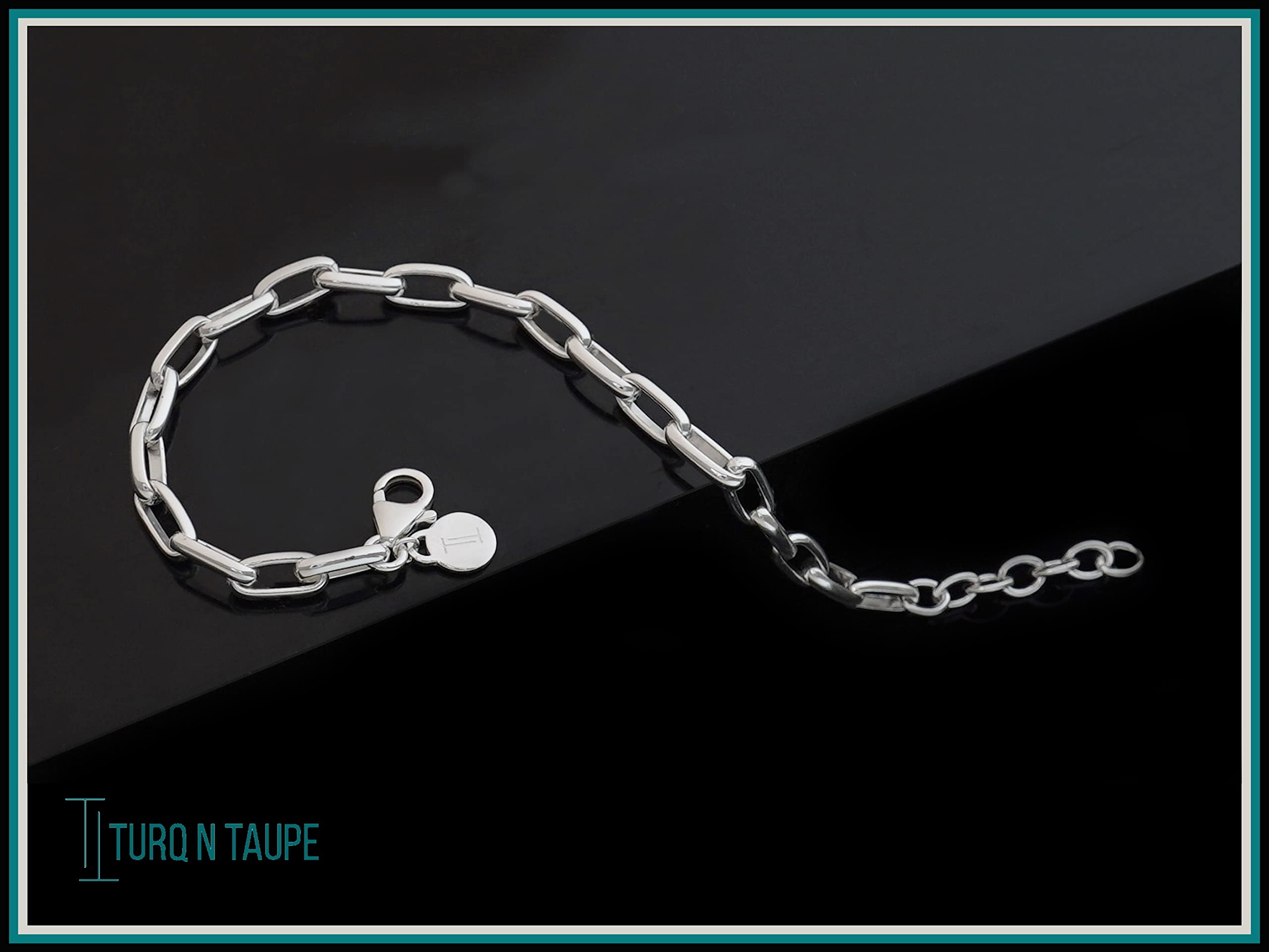 TURQ N TAUPE 925 Sterling Silver Italian Design Long Link Paper Clip Chain Bracelet for Women Men (8.50)