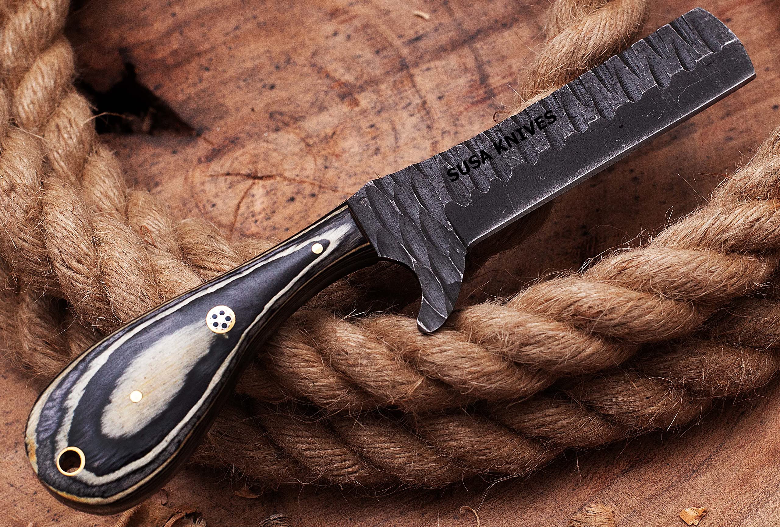 SUSA KNIVES Custom Handmade 1095 steel Bull cutter knife, cowboy knives with pancake leather sheath