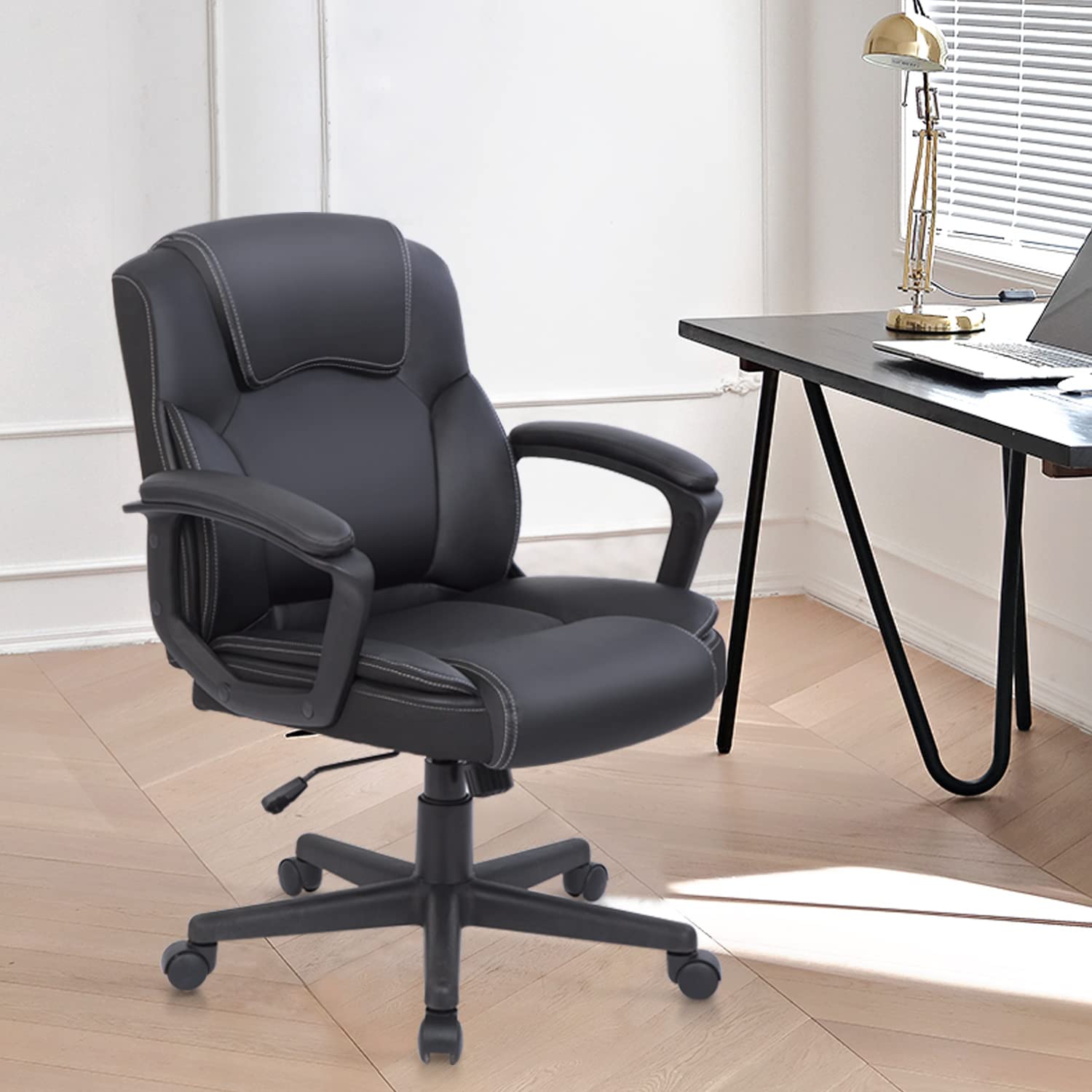 PTOULEMY Office Chair with Spring Cushion Computer Executive Desk Chair 360 Swivel Task Chair with arms PU Leather Ergonomic Chair