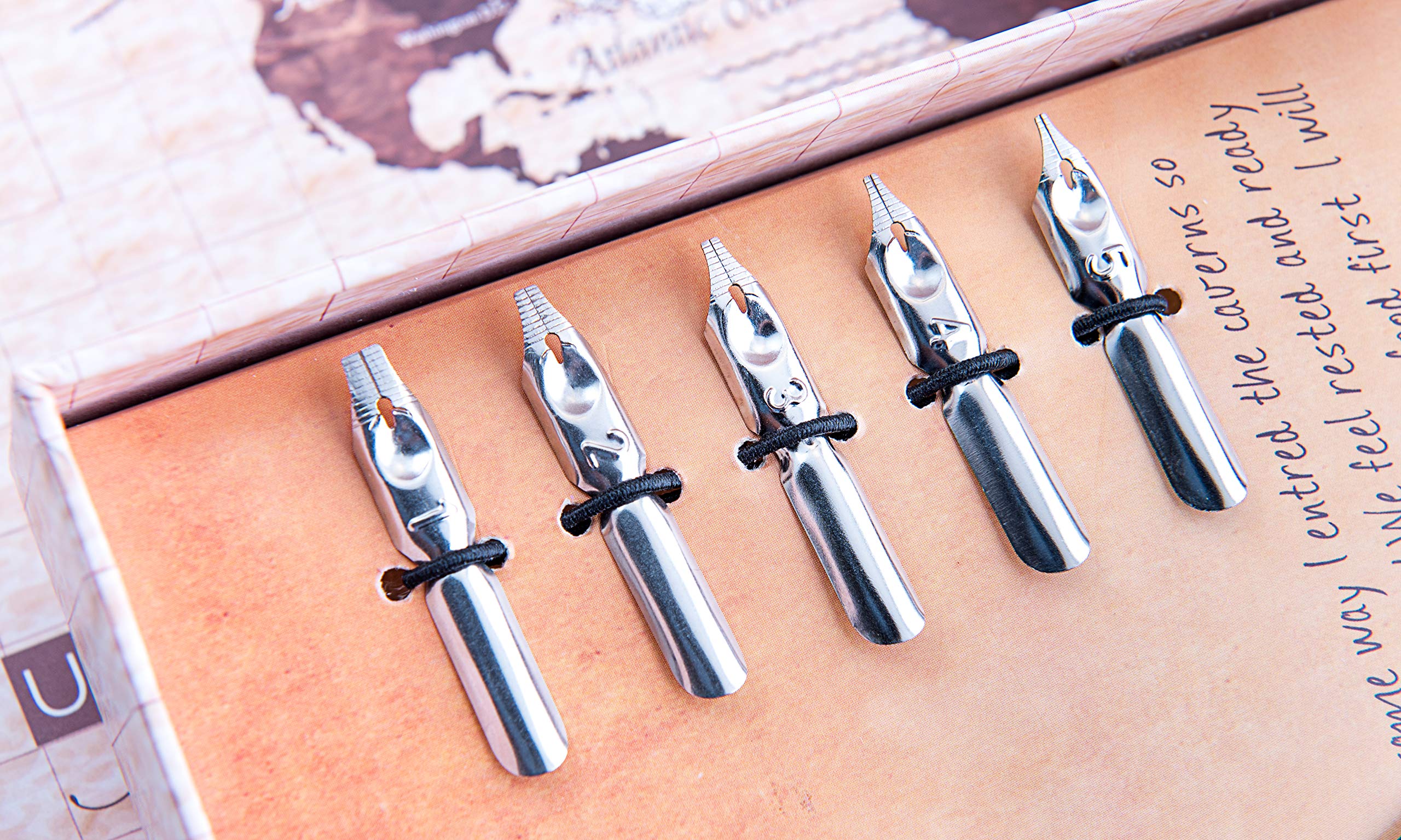 Quill Pen and Ink Set Turkey Feather Pen with 5 Steel Replacement Nibs and Dip Ink Bottle in Vintage Gift Box for Antique Calligraphy - Brown
