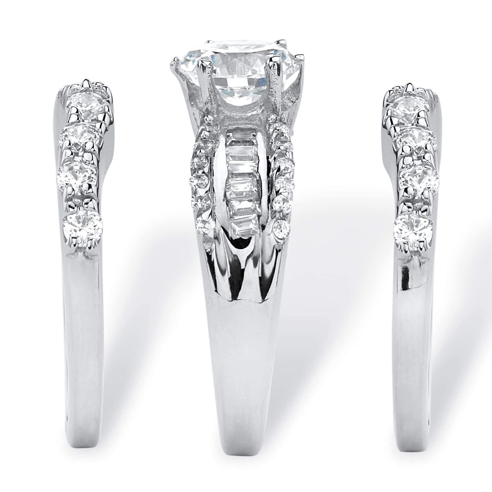 PalmBeach Yellow or Rose Gold or Platinum-Plated .925 Sterling Silver Round Cubic Zirconia 3 Piece Bridal Ring Set Size 7