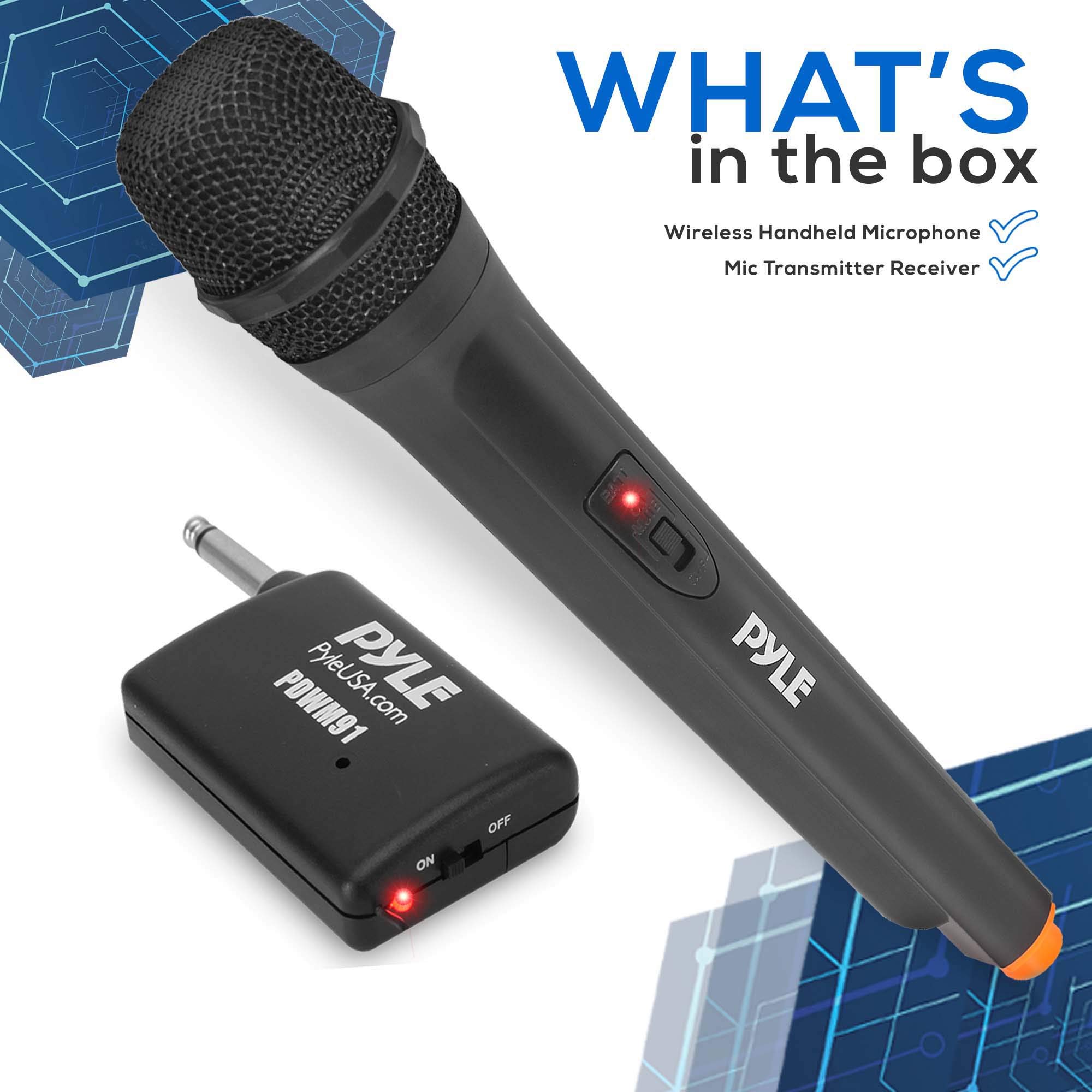 Pyle Portable VHF Wireless Microphone System - Professional Battery Operated Handheld Dynamic Unidirectional Cordless Microphone Transmitter Set W/Adapter Receiver, for PA Karaoke DJ Party, Black