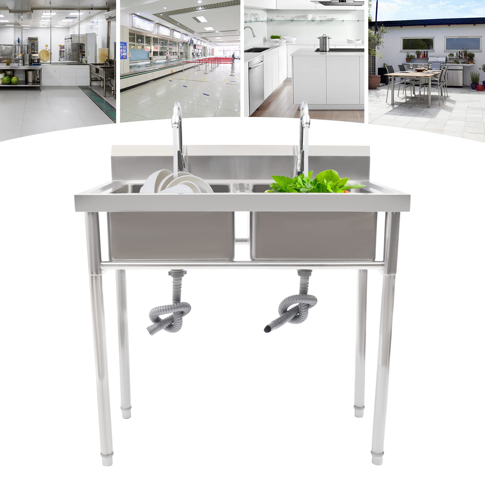 PaNeTnya Free Standing Double Bowl Sink,Commercial Stainless Steel Kitchen Sink,2 Compartment Utility Sink with Faucet for Garage,Restaurant,Kitchen,Laundry Room