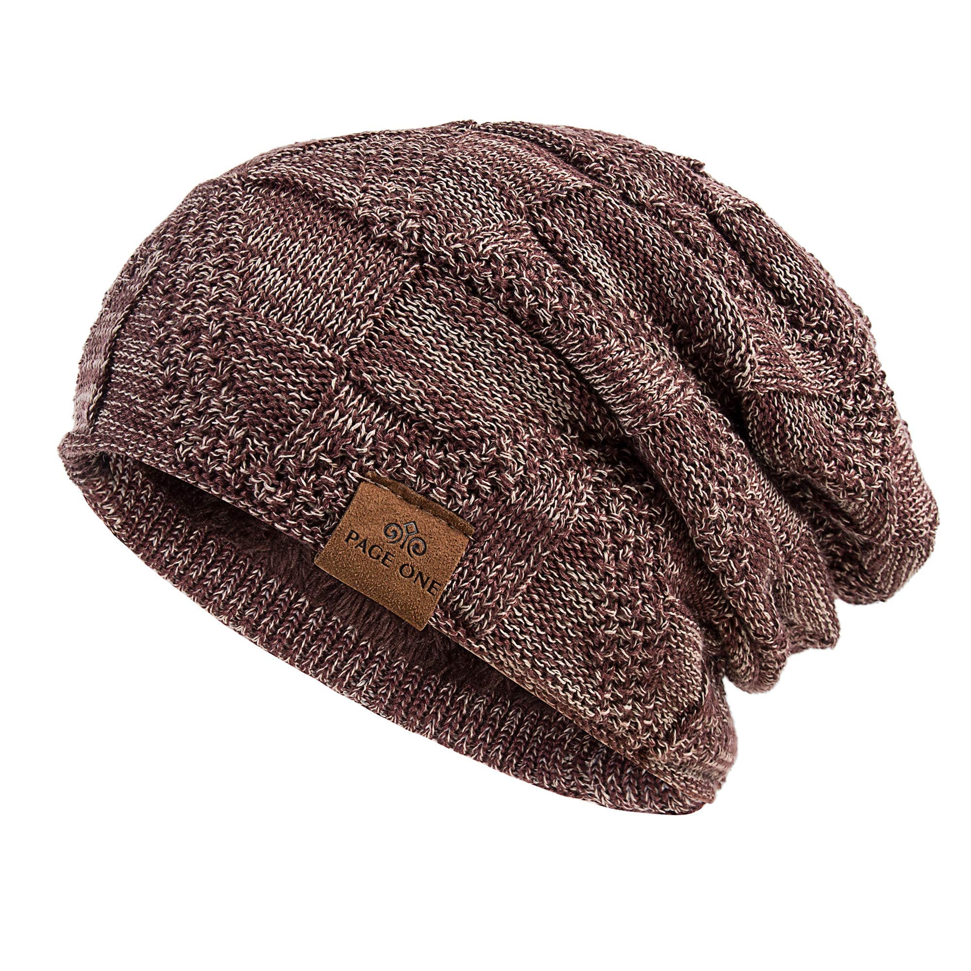 PAGE ONE Mens Winter Slouchy Beanie Warm Fleece Lined Skull Cap Baggy Cable Knit Hat Red Coffee