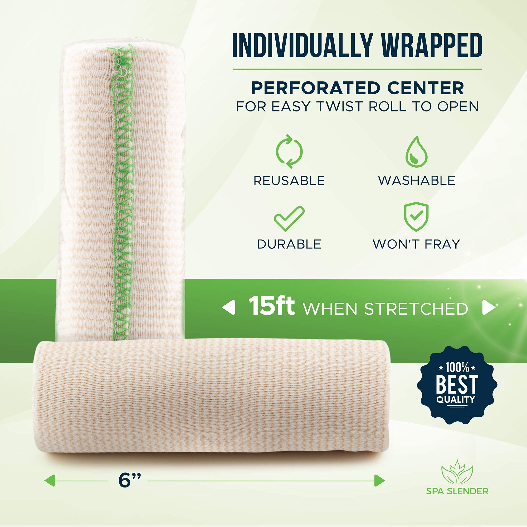 Premium Elastic Bandages | Compression Body Wrap – Self-Closures Both Ends | Washable Cotton Blend | Support Injuries and Sprains | Latex-Free – 6" Wide x 15' When Stretched | by Spa Slender - 10-Pack