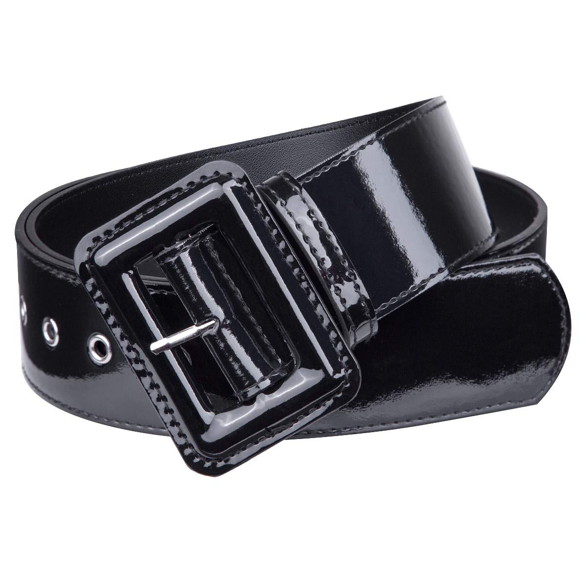 Samtree Retro Wide Patent Leather Belt for Women, Square Buckle Grommet Cinch High Waist Belt for Dress, Black