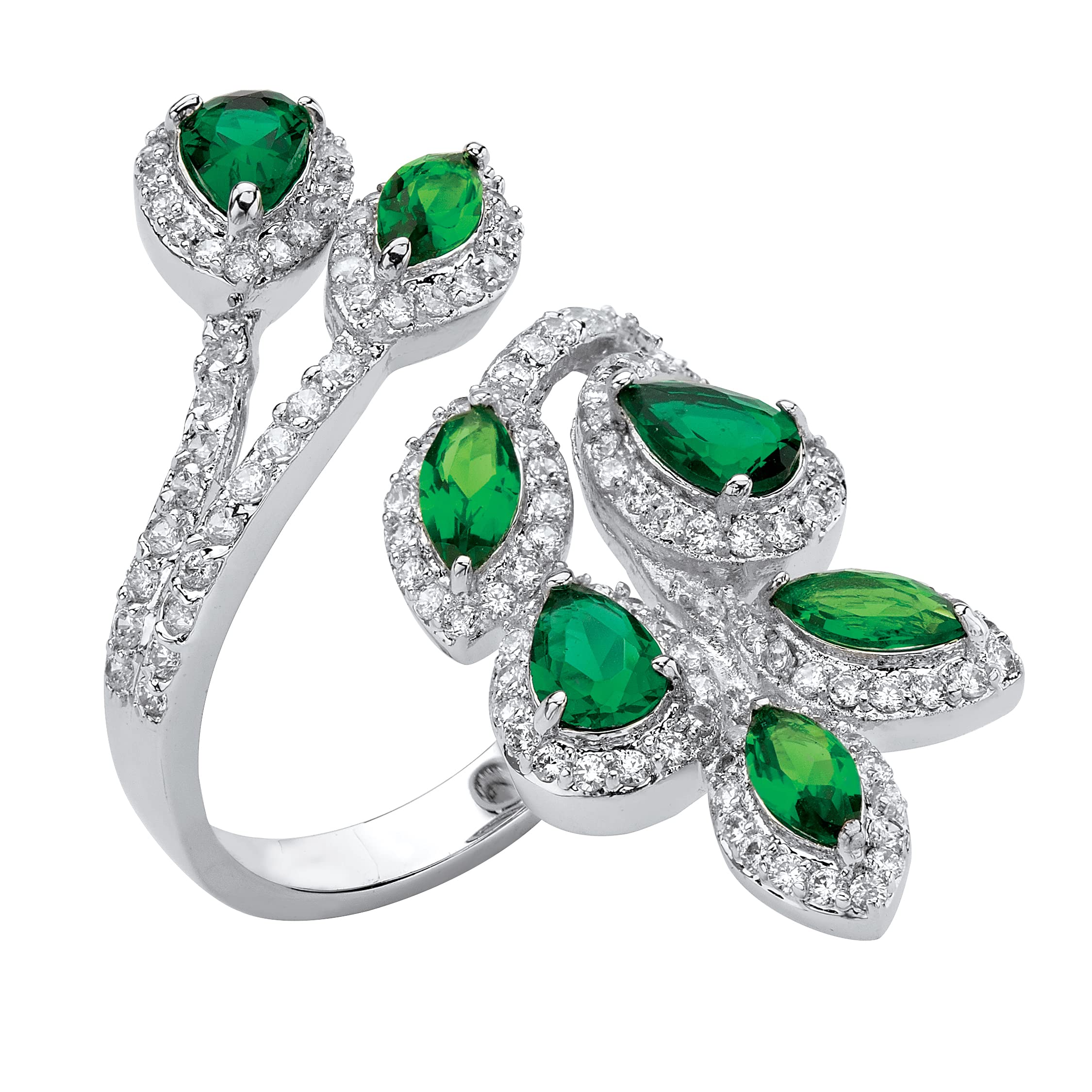 PalmBeach Jewelry Yellow Gold-Plated or Platinum-Plated Pear Cut Simulated Emerald or Cubic Zirconia Halo Leaf Bypass Ring Size 10
