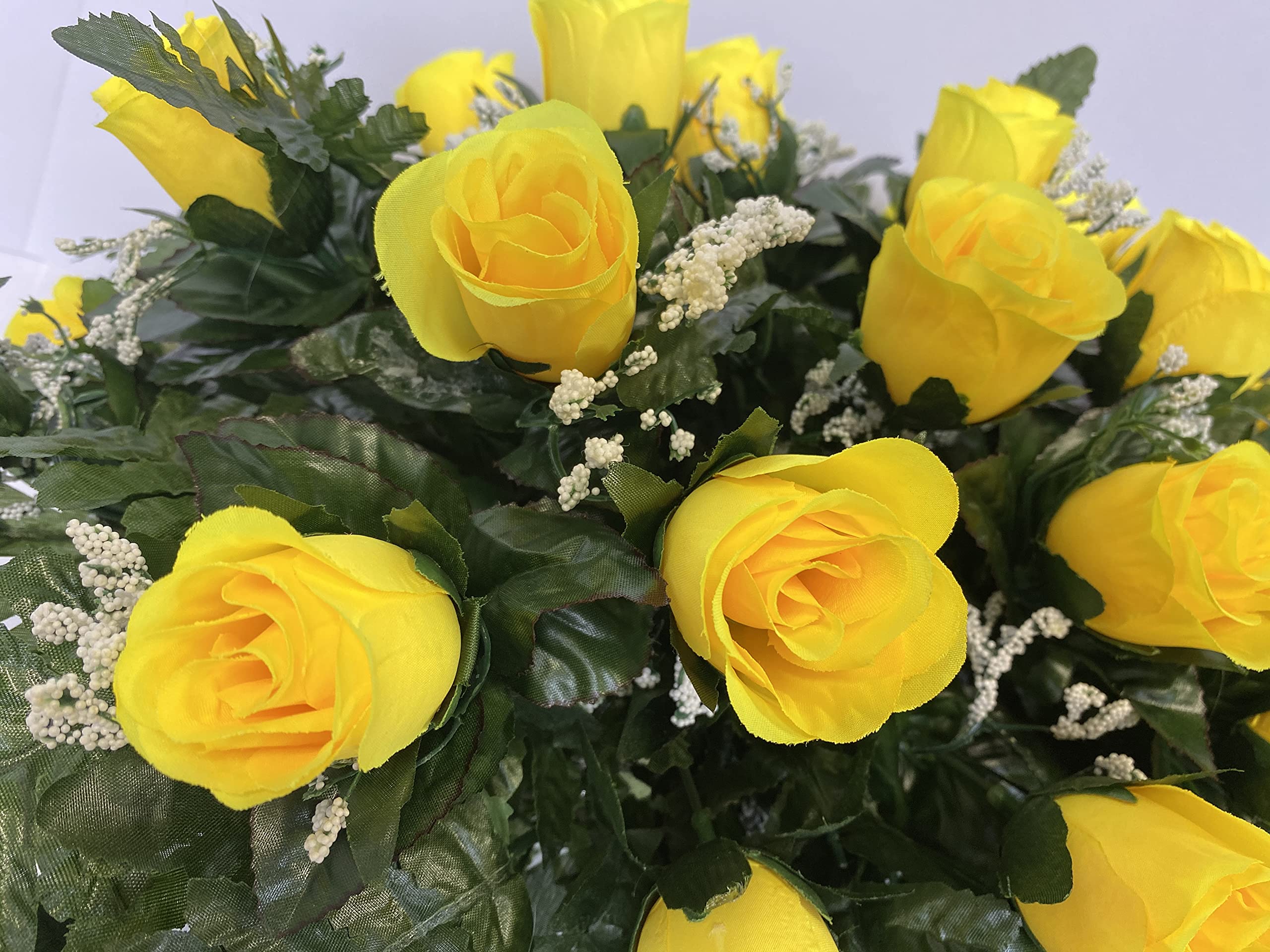 Yellow Rose with Baby's Breath Flowers Cemetery Headstone Saddle Arrangement