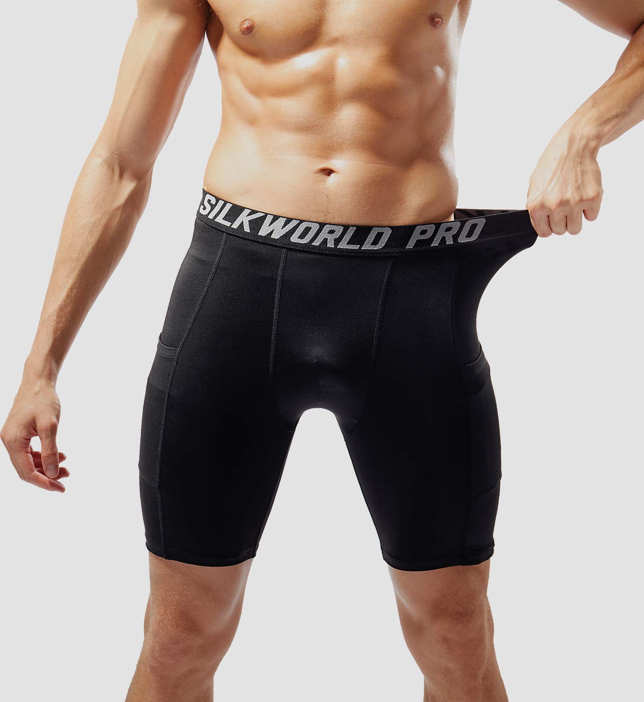 SILKWORLD Men's Compression Shorts Pockets Sports Running Tight (X-Large, Black/(Pack of 1))