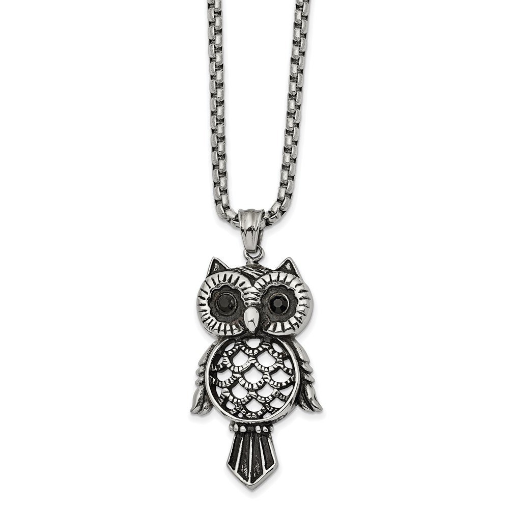 Solid Stainless Steel Vintage Antiqued and Black CZ Cubic Zirconia Owl 24in Pendant Necklace Charm Chain - with Secure Lobster Lock Clasp 24"
