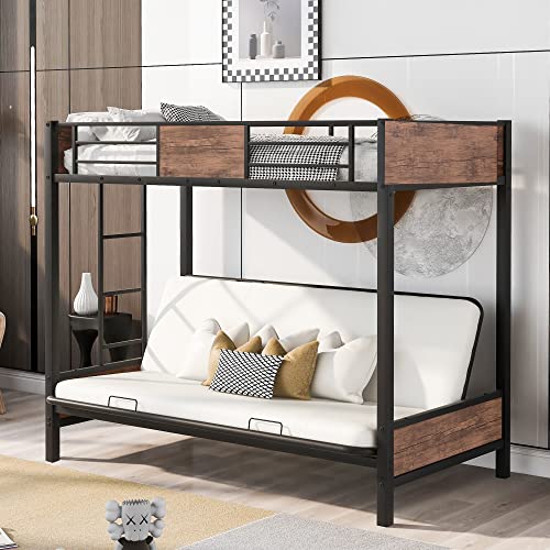 Polibi Twin-Over-Futon Couch and Bed, Metal Futon Bunk Bed with Guardrails and Ladder (Black)