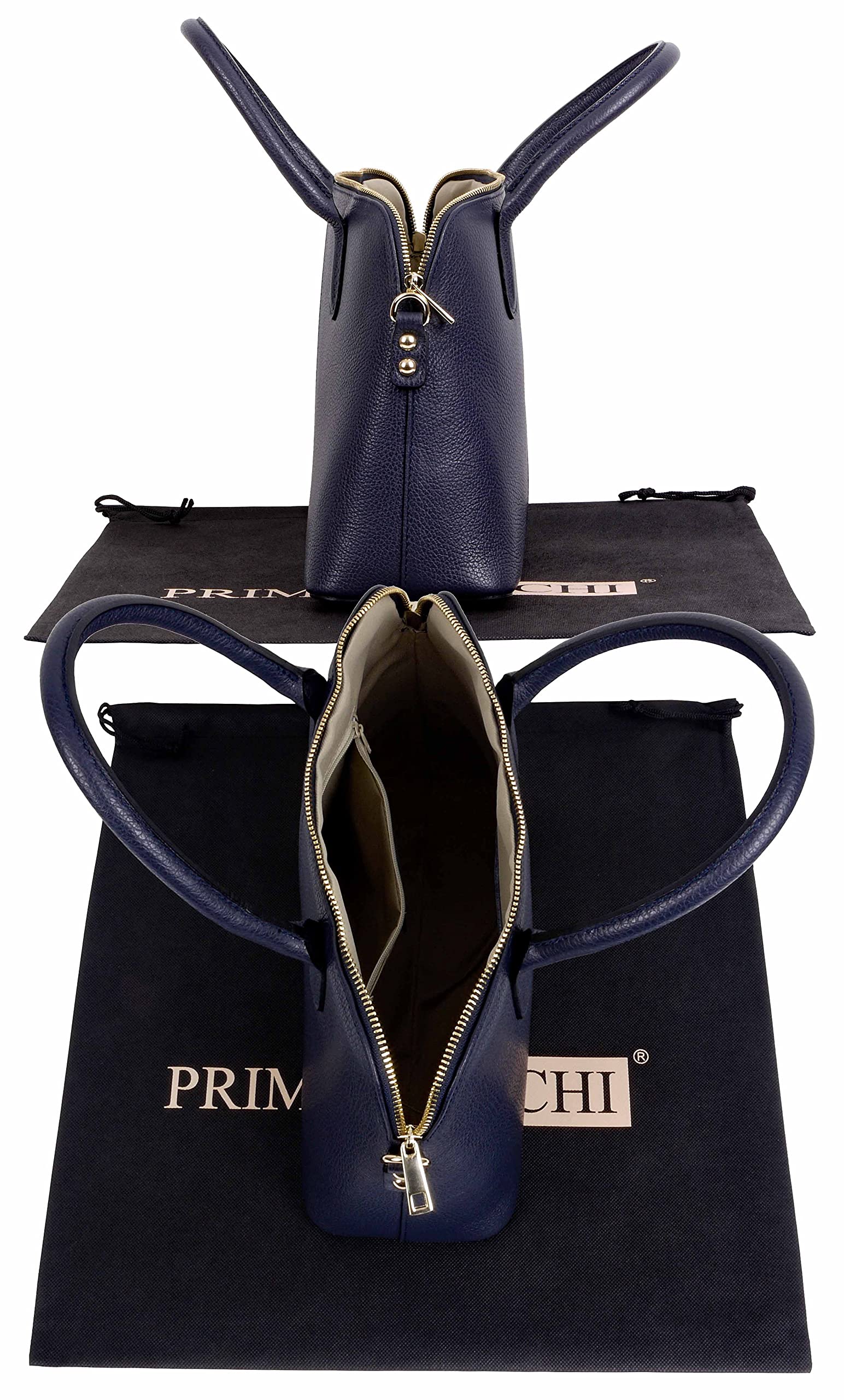 PRIMO SACCHI Italian Textured Navy Blue Leather Bowling Style Tote Grab Shoulder Bag Handbag Purse
