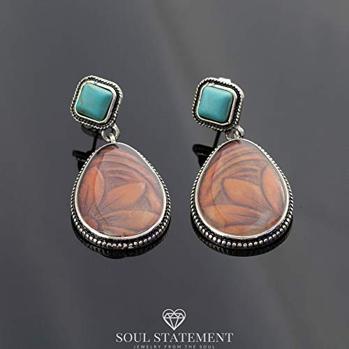 Soul Statement Women's Country Earrings Flower Turquoise Western Dangle (Wood Flower Print)