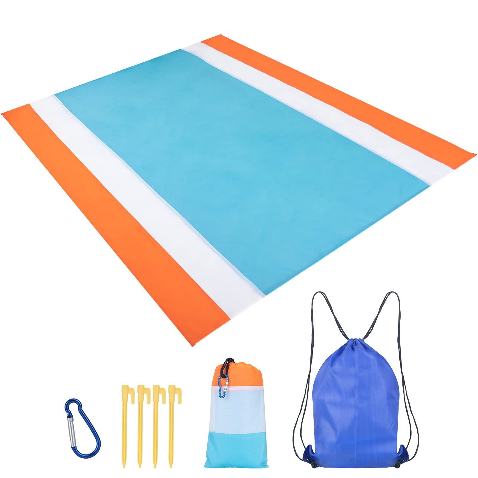 Shourlite Sandproof Beach Blanket, Oversized Waterproof Picnic Mat for 4-7 Adults Sand Shake Off Easily, Beach Blanket Large Mat for Travel Camping Hiking, Orange+white+blue, 79x83 inch
