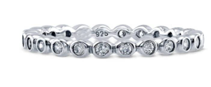 TwoBirch Platinum Plated Sterling Silver Bezel Set Round Cut Moissanite Eternity Ring (GRA CERTIFIED) (2MM) SIZE 6