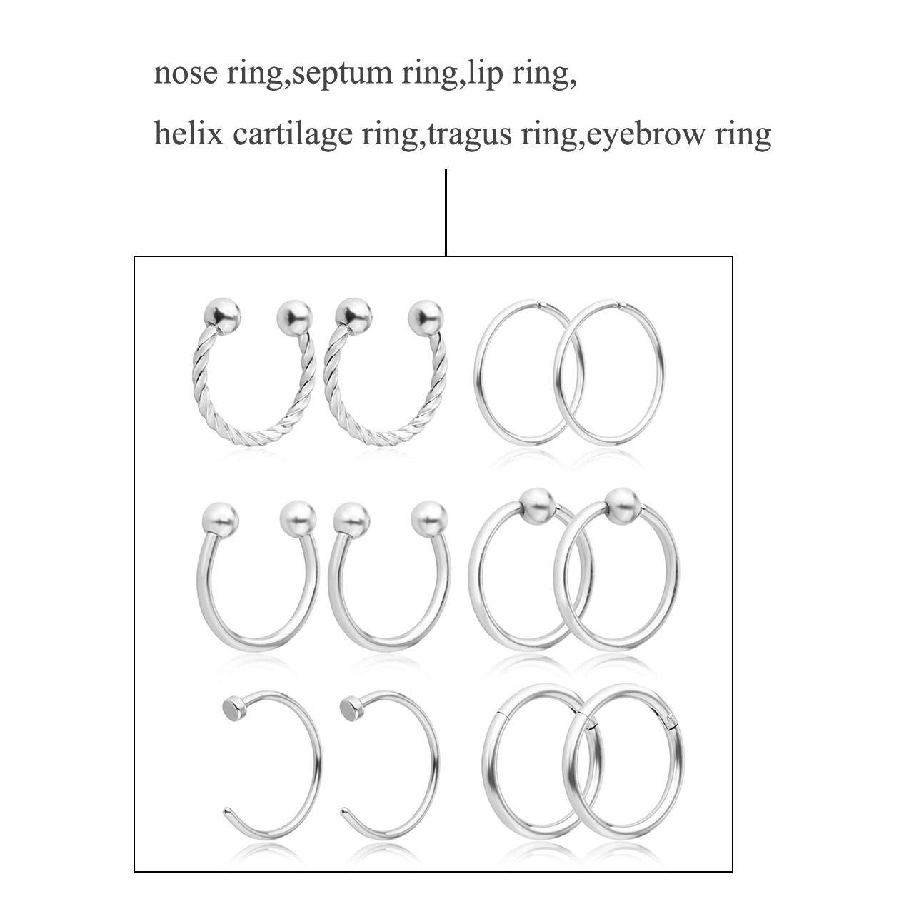 PiercingJ 12pcs Mixed Stainless Steel 16G / 20G Nose Rings Hoop Nose Studs Cartilage Tragus Daith Septum Ear Helix Nipple Eyebrow Lip Captive Ring Body Piercing