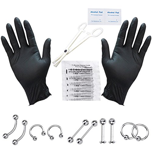 PiercingJ 20pcs Body Piercing Kit 14G (Belly Button,Tongue, Eyebrow, Nipple, Lip, Nose, Chin) 14 Gauge Piercing Needles