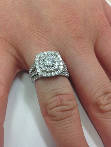 Pompeii3 10k White Gold 2 Ct T.W. Diamond Cushion Halo Engagement Ring Matching Wedding Band Bridal Women's Set Round-Cut Natural Diamonds