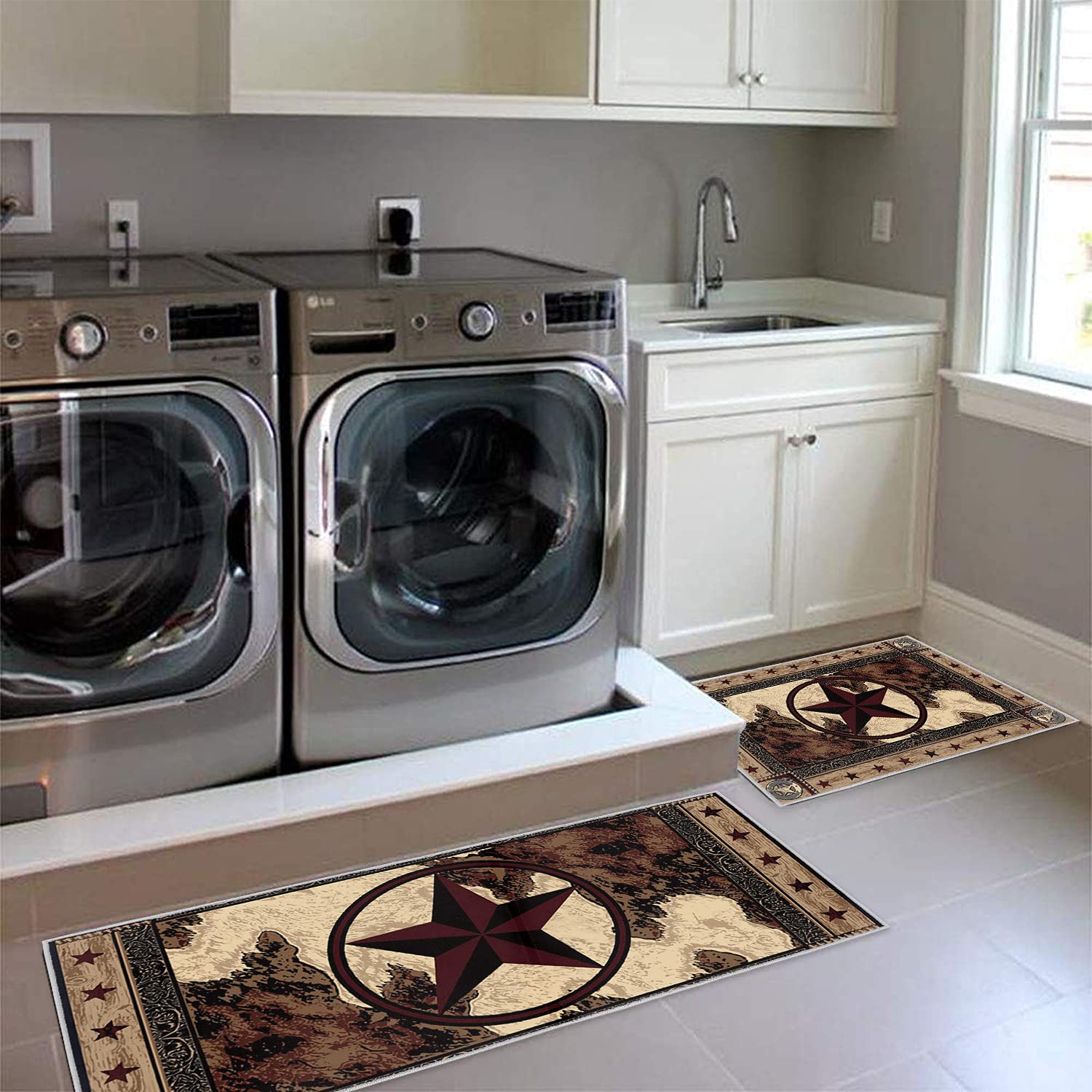 Western Kitchen Runner Rug Sets 2 Piece, Rustic Texas Star Absorbent Bathroom Rugs, Farmhouse Floor Mats Retro Brown Beige Non-Slip Door Mat for Bedroom/Hallway/Laundry, 15.7"Wx23.6"L+15.7"Wx47.2"L