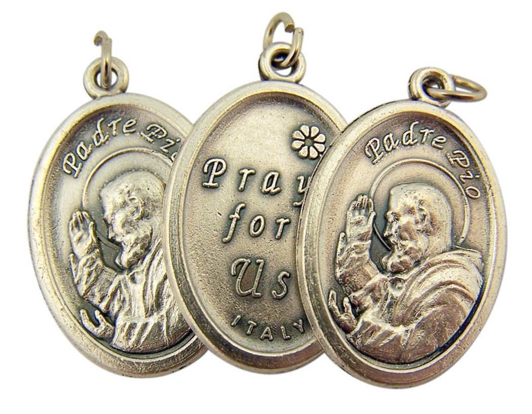 Religious Gifts Silver Toned Base Catholic Saint Padre Pio Pray for Us Medal, Lot of 3, 1 Inch