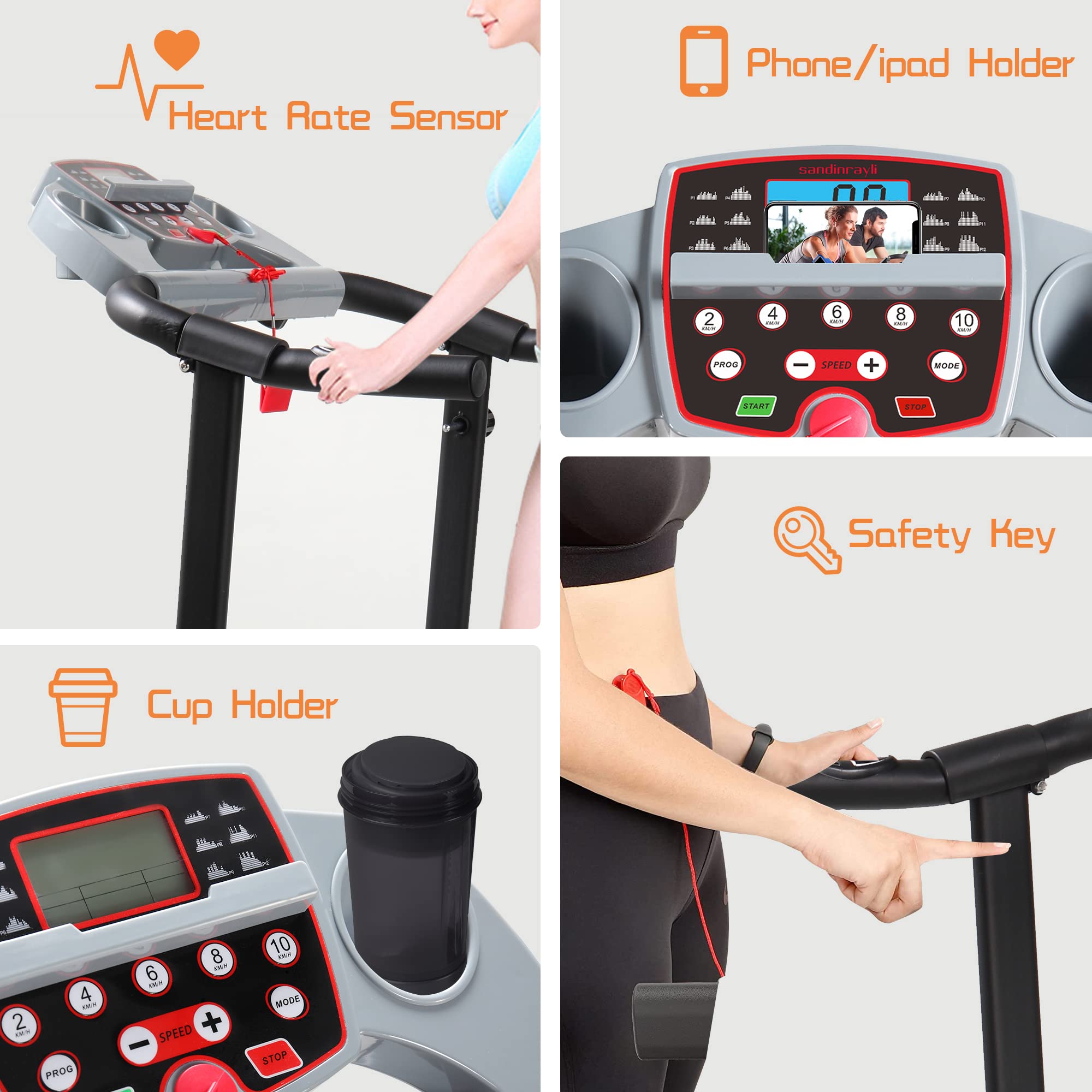 Sandinrayli Folding Electric Treadmill, Running Machine w/3 Manual Incline & 12 Preset Program, Home Workout Machine for Office Apartment Small Space