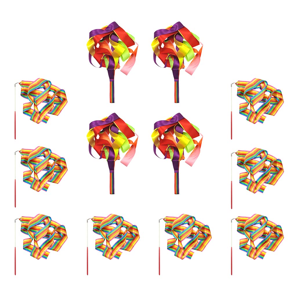 SHX 12 Pcs Rainbow Dance Ribbon Rhythmic Gymnastics Ribbon Dance Streamers for Kids Artistic Dancing